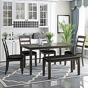 MOEO 6 Piece Kitchen Table Set, Wood Dining Faux Marble Top Diningtable with 4 PU Cushion Chairs & Bench for Breakfast Nook, Bar, Living Room, Gray, Brown
