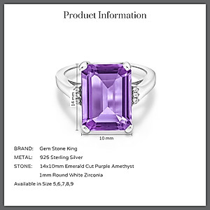 Gem Stone King 925 Sterling Silver Purple Amethyst Engagement Ring For Women (6.32 Cttw, Emerald Cut 14X10MM, Gemstone Birthstone, Available in size 5, 6, 7, 8, 9)
