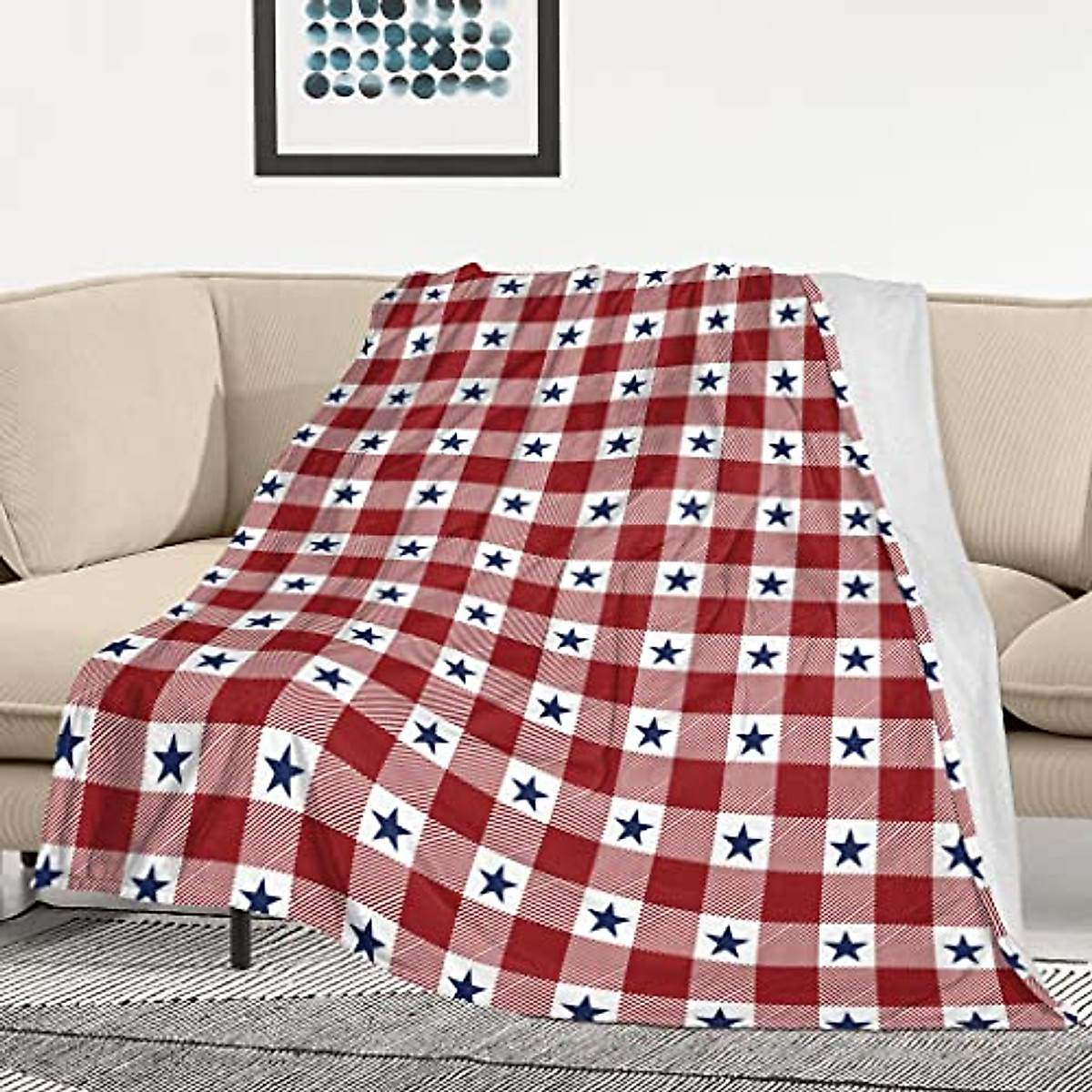 FJPT July 4th Throw Blanket Red White and Blue Stars Patriotic Party Blanket Lightweight Fuzzy Plush Cozy Soft Blanket for Travel Couch Bed Sofa Gift 30"X40"