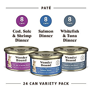 Amazon Brand - Wonder Bound Wet Cat Food, Pate, No Added Grain, Variety Pack (Cod, Sole & Shrimp, Salmon, White Fish & Tuna), 3 ounce (Pack of 24)