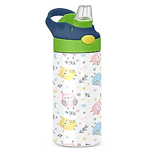 Kigai Cute Owls Kids Water Bottle, BPA-Free Vacuum Insulated Stainless Steel Water Bottle with Straw Lid Double Walled Leakproof Flask for Girls Boys Toddlers, 12Oz