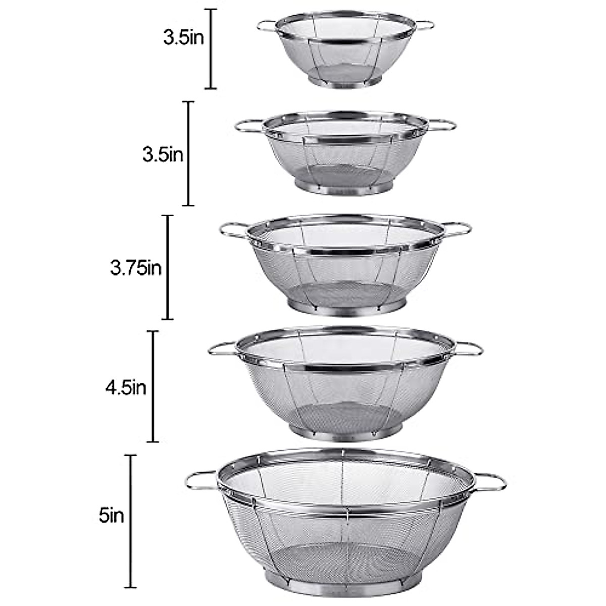 5 Pack 18/8 Stainless Steel Colander Sieves, Multi Size Mesh Strainer Net Baskets with Handles & Resting Base for Strain, Drain, Rinse or Steam
