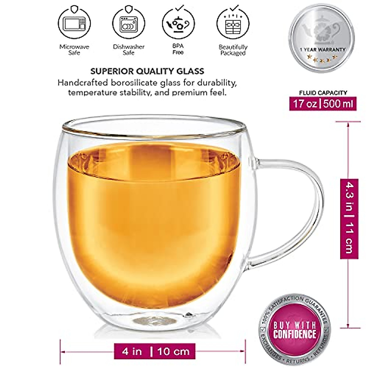 Teabloom Oversized Insulated Borosilicate Glass Mugs (17 oz / 500 ml) – Set Includes 2 Mugs + 2 Blooming Teas – Premium Quality Microwave Safe Glasses