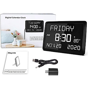 Raynic Digital Clock, 11.5" Large LED Word Display Dimmable Digital Wall Clock,Adjustable Brightness Digital Alarm Clock with Day and Date,Indoor Temperature,Snooze,12/24H,DST for Home, Office,Elderly