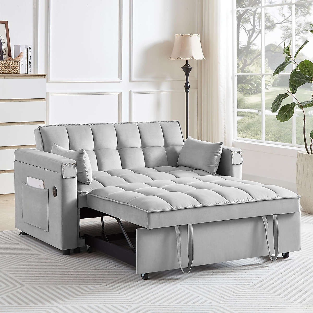 3 in 1 Sleeper Sofa Couch Bed, Convertible Sofa Bed with Side Table, Velvet Loveseat Pull Out Couch Bed with USB Port, Adjustable Backrest, Storage Pockets, for Living Room, Small Space, Office, Grey