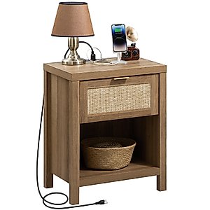 SICOTAS Rattan Nightstand Tall End Table - Farmhouse Side Table with Storage Cabinet Boho Night Stand Bedside Table for Bedroom, Small Space