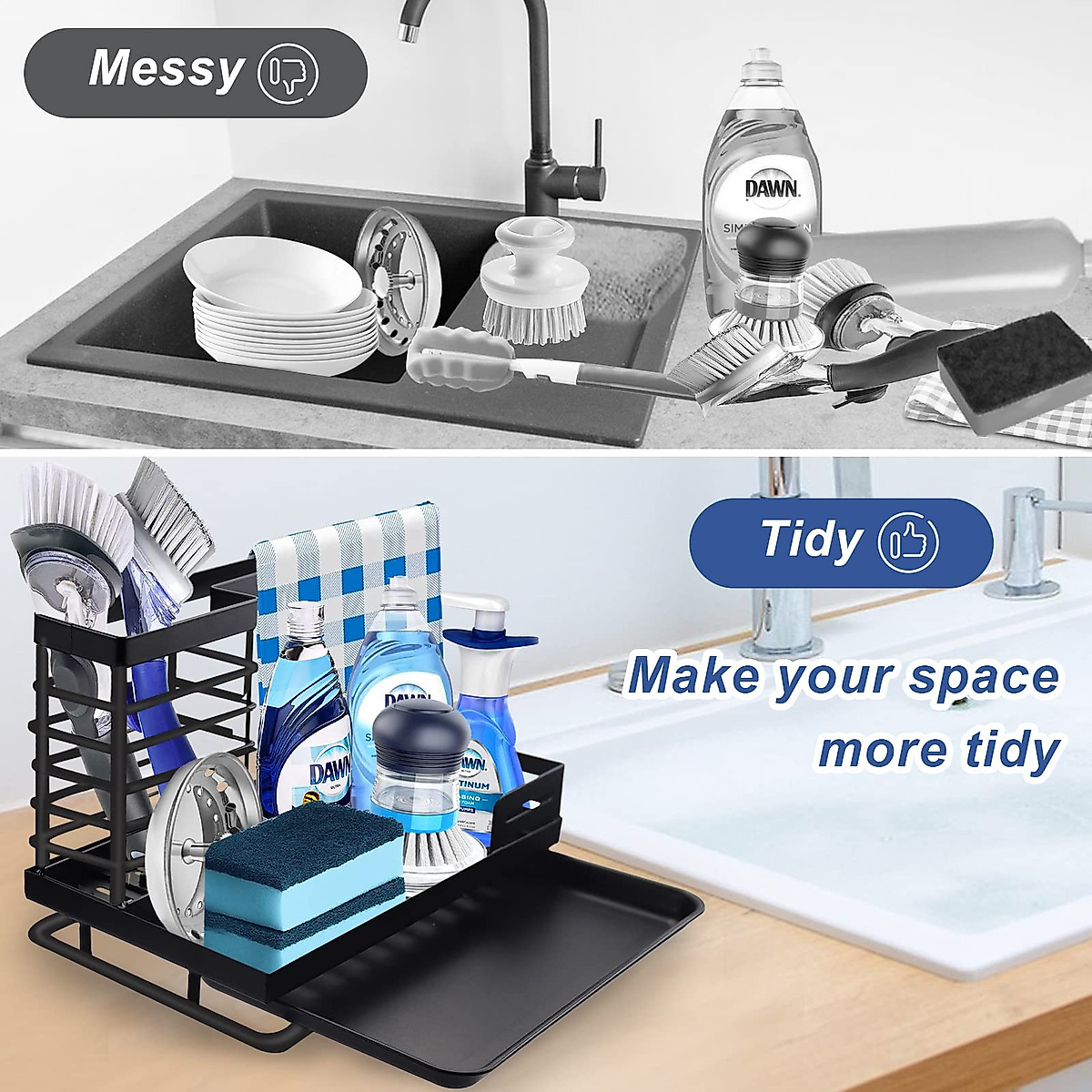 Teemuday Kitchen Sink Caddy, Dry Sink Organizer Drain Rack, Stainless Steel Sponge Holder With Water Tray, Kitchen Counter Storage For Soap, Sponge, Scrubber Brush,Dishes,Bottle Brush