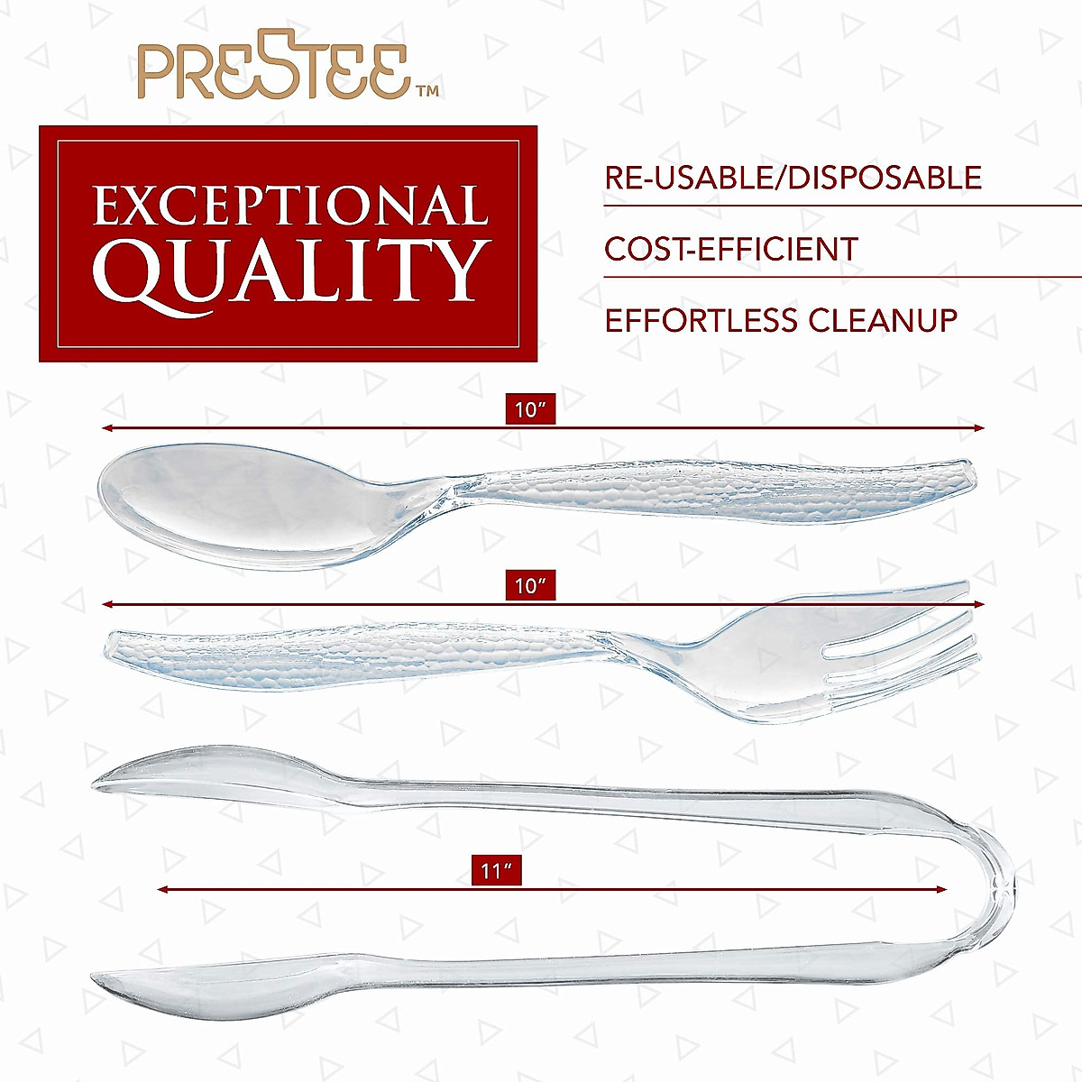 Prestee 15 Piece Transparent Plastic Disposable Serving Utensils Set - 10" Spoons, Tongs, Forks - Disposable Serving Trays and Platters for Kitchen Dining, Buffet Cutlery Sets, Serving Trays (15pk)