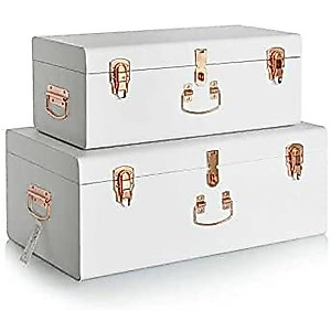 Metal Storage Trunk Set of 2 - Vintage Style White Decorative Box with Rose Gold Handles & Locks - Space Saving Storage Chest with Lid for Bedding, Towels & Clothes - Decorative Boxes for Home Decor & Office Use