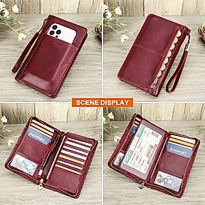 Contacts Travel Passport Wallet for 4 Women Leather Passport Holder RFID Blocking Card Organizer Large Capacity Wristlet Clutch Purse Red with 13 Card Slot