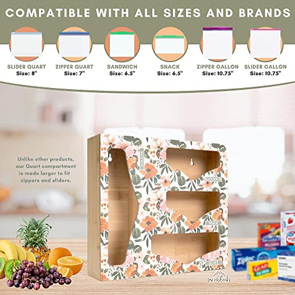 Senablocks Ziplock Bag Storage Organizer in Bamboo, compatible with Ziploc Bag Organizer in Gallon, Quart, Sandwich & Snack Size Bags - Assembled Floral Print Ziplock Organizer for Drawer (4 slots)