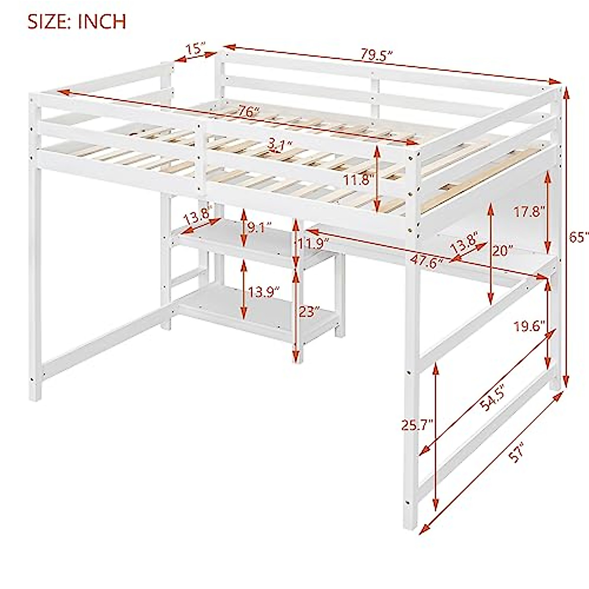 CITYLIGHT Full Size Loft Bed with Desk and Shelves, Wood Full Loft Bed with Desk &Writing Board, Sapce Saving Loft Bed Full for Kids, Boys,Girls,Teens,White