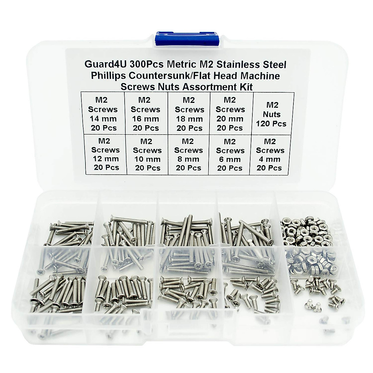 Guard4U 300Pcs Metric M2 Stainless Steel Phillips Countersunk/Flat Head Machine Screws Nuts Assortment Kit- M2x 4mm/ 6mm/ 8mm/ 10mm/ 12mm/ 14mm/ 16mm/ 18mm/ 20mm