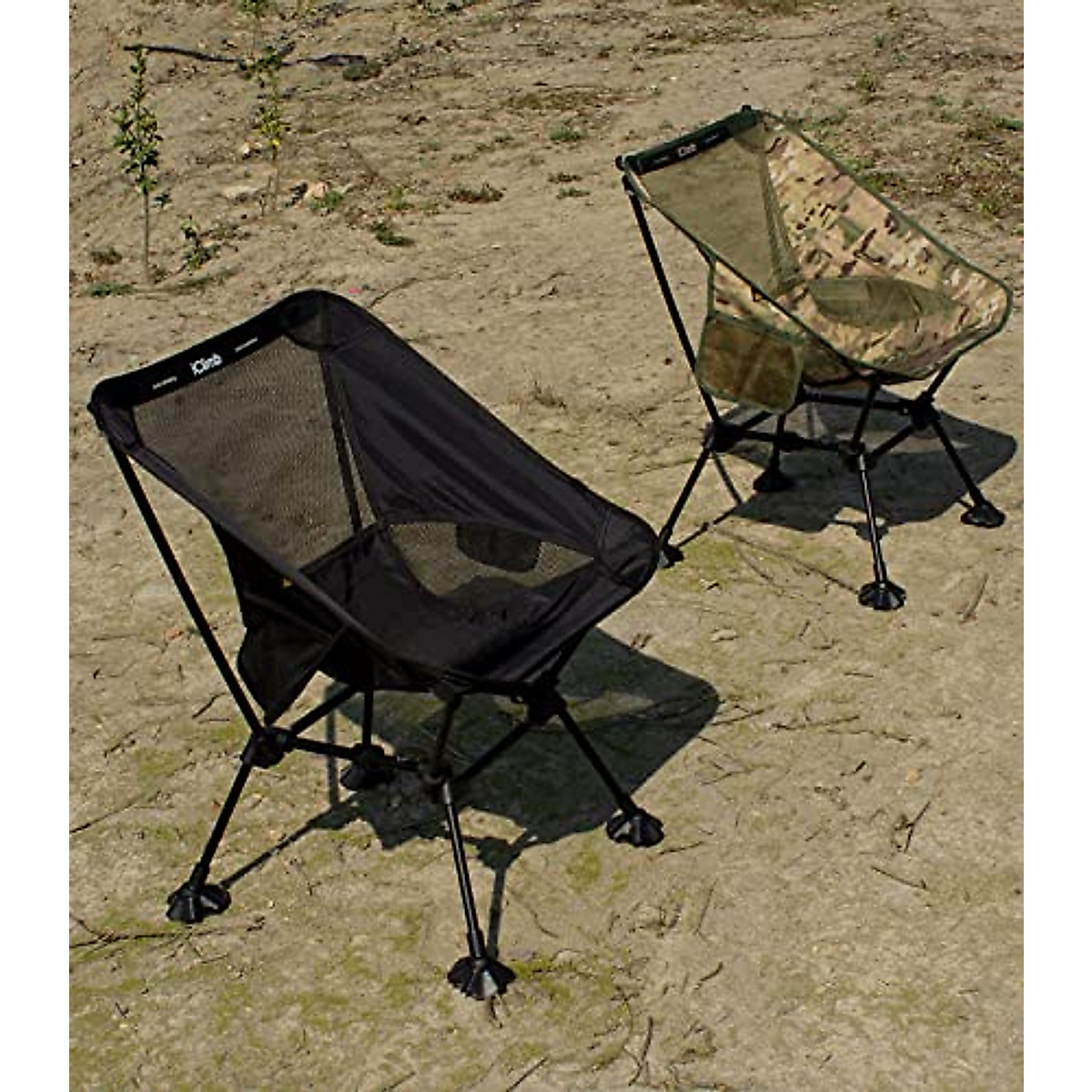 iClimb Ultralight Compact Camping Folding Beach Chair with Anti-Sinking Large Feet and Back Support Webbing (Black - Square Frame)