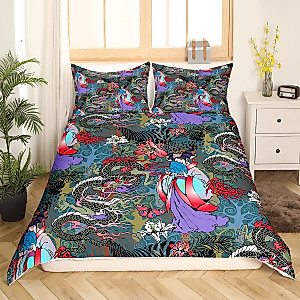 Dragon Duvet Cover King Japanese Style Exotic Bedding Sets Animal Pattern Plant Floral Decor Comforter Cover Asian Culture Theme Bedding with Zipper Ties Soft Luxury Duvet Cover for Adult Women Girls