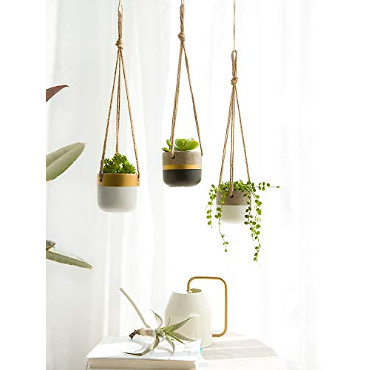 Dahey 3 Pack Small Cement Hanging Planter Succulent Pots with Jute Rope Hanger Modern Mini Concrete Flower Pots Indoor for Cactus Herb or Small Plants Home Decor, 3 Inch