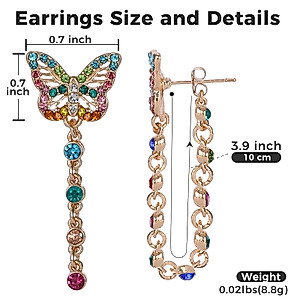 Colorful Butterfly Dangle Chain Earrings for Women Gold Crystal Rhinestone Tassel Climber Crawler Threader Chain Dangle Statement Earrings Drop Cartilage Double Holes Spring Summer Jewelry Gifts