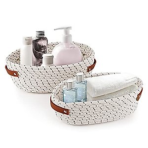 Laelr Woven Storage Basket, 2Pcs Cotton Rope Storage Baskets with Handles, Decorative Woven Basket for Living Room, Woven Storage Bins for Organization (Beige)