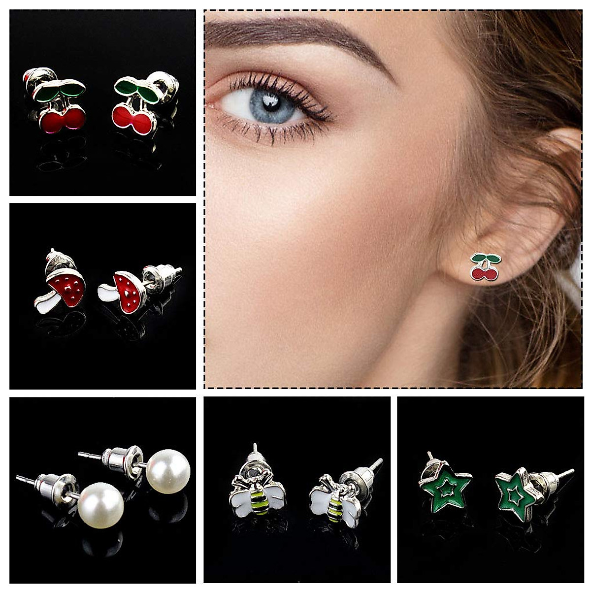 HOVEOX 20 Pairs Stud Earrings Stainless Steel Mixed Color Cute Animals Fruit Mushroom Cherry Pearl Fox Bear Butterfly Bee Owl Flower Star Heart Stud Earrings Set for Women
