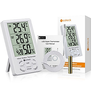 Neoteck 3 in 1 Thermometer Hygrometer with Clock Large LCD Display, Digital Humidity Temperature Meter 1.5m Sensor Wire for Indoor Outdoor Use