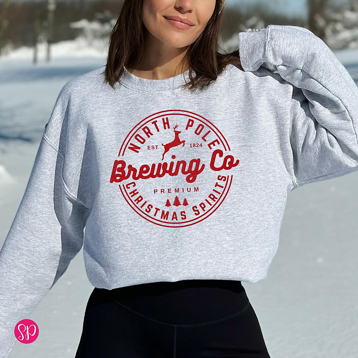 North Pole Brewing Co. Christmas Sweatshirt - Funny Graphic Sweatshirts for Women, Holiday Christmas Sweater, Comfy Pullover (Ash, Medium)