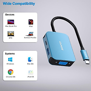 BENFEI USB C HUB 4in1, USB Type-C to HDMI VGA Adapter, USB C to USB Adapter, USB Type-C Power Delivery, Compatible with iPhone 15 Pro/Max, MacBook Pro/Air 2023, iPad Pro, iMac, S23, XPS 17