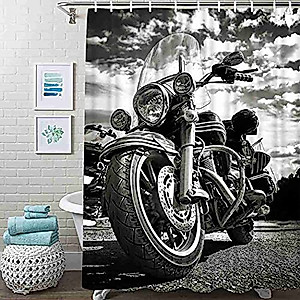 4 Piece Motorbike Waterproof Fabric Bathroom Sets with Non-Slip Rugs, Toilet Lid Cover and Bath Mat, Waterproof Shower Curtain with Standard Size