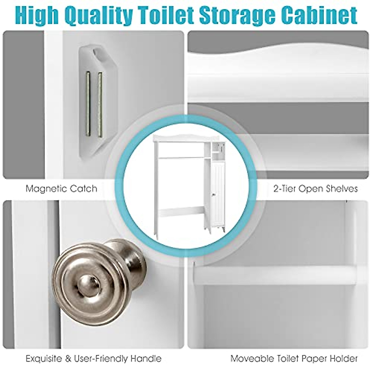 Hysache Over-The-Toilet Storage Organizer, Home Bathroom Space Saver w/ 2 Long Open Shelves, 1-Door Cabinet, Adjustable Shelf, Anti-Toppling Storage Rack, Freestanding Organizer Toilet Rack Stand