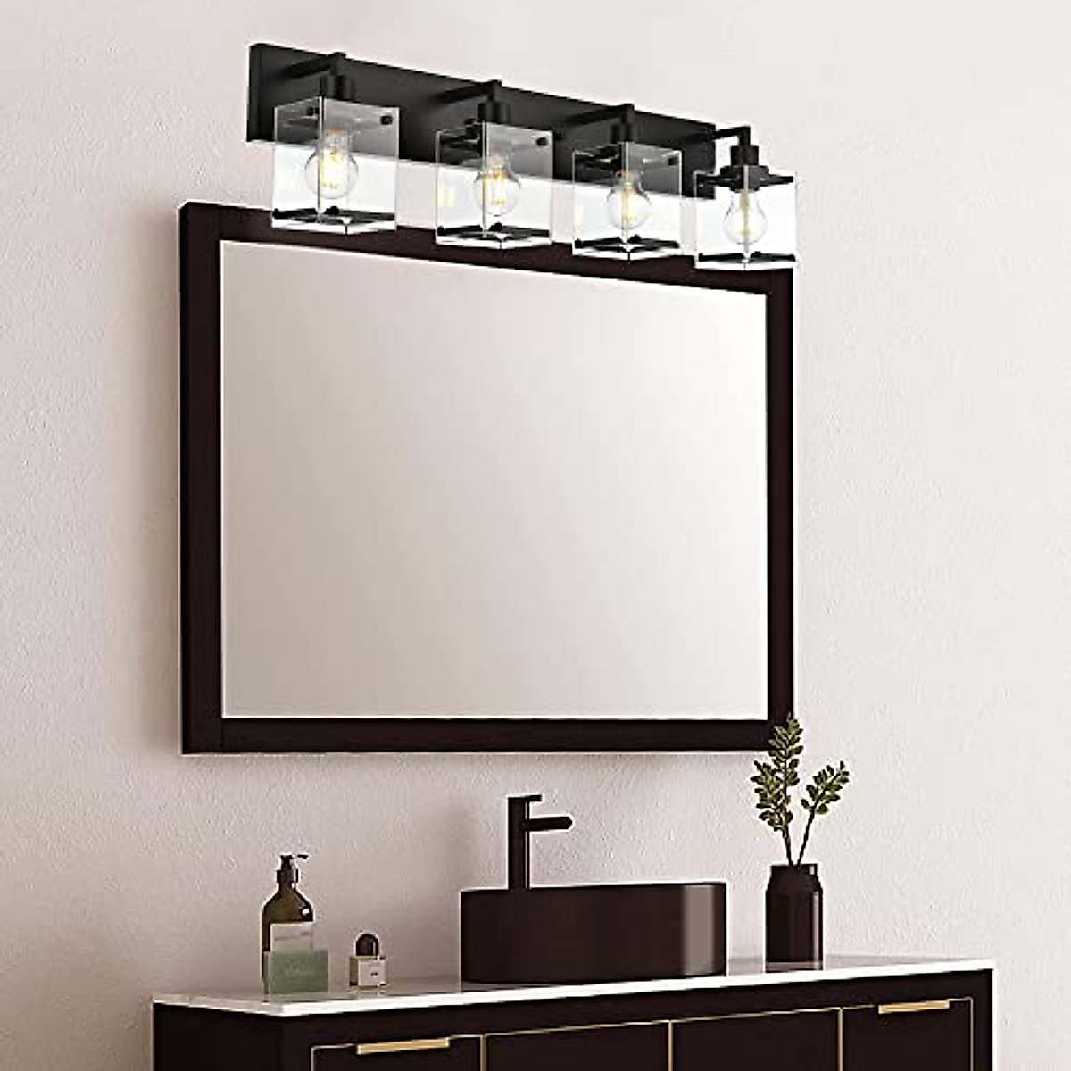 MELUCEE 4-Light Vanity Lights for Bathroom, Industrial Indoor Wall Sconces Black Bathroom Lighting with Rectangular Clear Glass Shade for Kitchen Hallway Living Room, 31.3 Inches Length