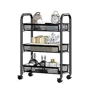 Rolling Storage Cart 3-Tier Metal Mesh Basket Shelves Kitchen Organizer with Wheels(Black)