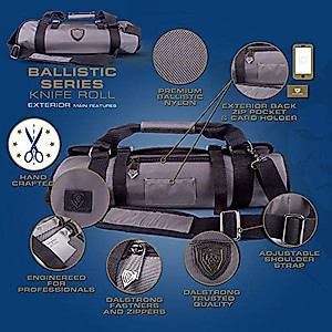 Dalstrong Ballistic Series Knife Roll - Graphite Black - Premium Ballistic Nylon & Top Grain Leather Roll Bag - 22 Knife Slots - Interior and Rear Zippered Pockets - Blade Travel Storage/Case