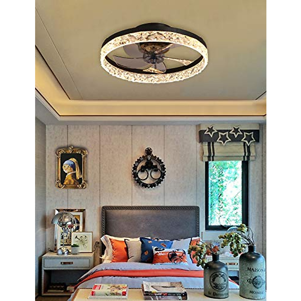 QUMFIXPU 20" Round Flush Mount Ceiling Fan with Lights, Modern Dimmable LED Low Profile Fan, Hidden Reversible Blades, Multi-Speed and Timing with Remote Control (Black)…