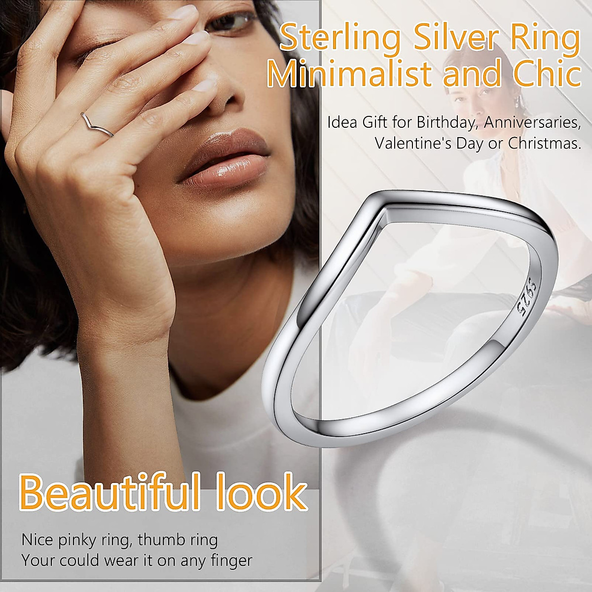 PROSILVER Minimalist Wishbone Ring Plain Silver Knuckle Finger Rings Size 10 Cute Simple Rings