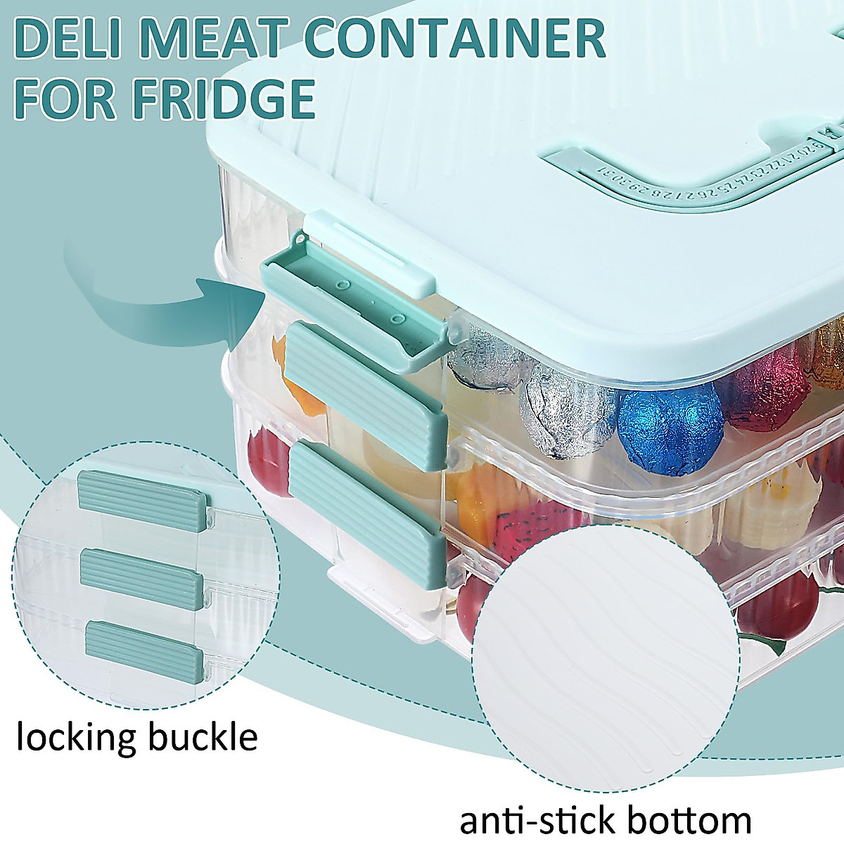 MAQUITA Deli Meat Container for Fridge, 3 Layer Lunch Meat Container for Refrigerator Ham and Deli Meat and Cheese Containers Bacon Storage Container with Tongs