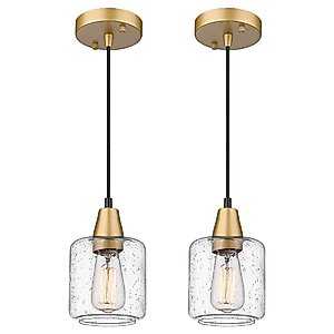 FOITTON Gold Pendant Light, Industrial Hanging Light Fixtures with Seeded Glass Shade, Adjustable Height, Farmhouse Pendant Lighting for Kitchen Island Dining Room-2 Pack