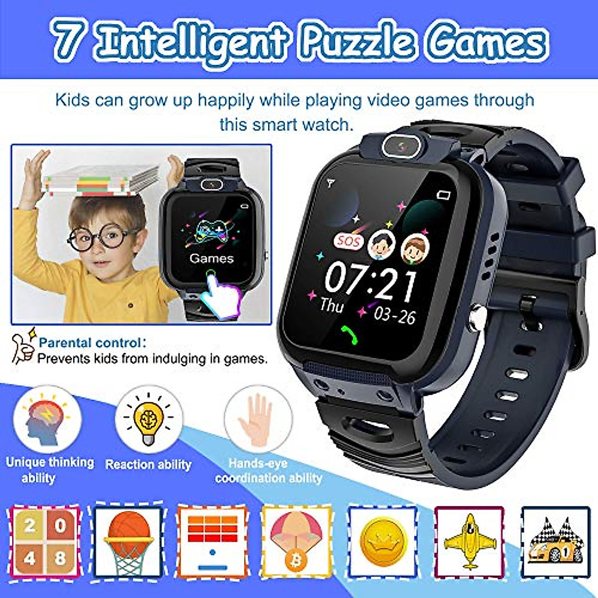 Kids Smart Watch for Boys Girls, Child Smartwatches for Kids Educational, HD Touch Screen Phone Watch Birthday Gifts for 3-14 Years Students(Black)