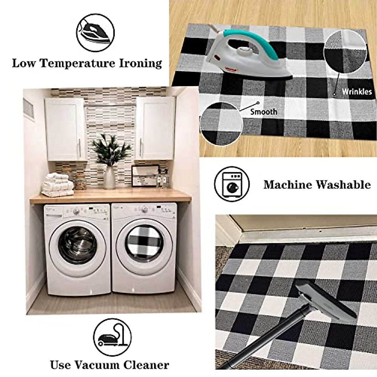 HOYIJA Buffalo Plaid Rug 2＇×3＇Outdoor/Indoor Black and White Checkered Samll Area Rug,Retro Cotton Woven Check Washble Entryway Front Porch Decor Rugs for Layered Welcome Front Door Mats