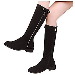 Fheaven Women's Flock Side Zip Knee High Boots Buckle Low Heel Casual Middle Tube Booties