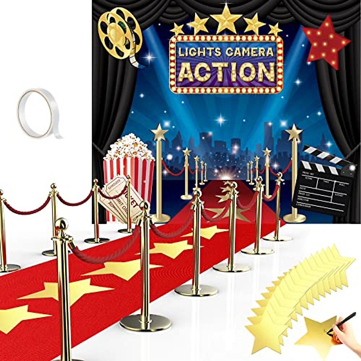 6 x 5 ft Movie Theme Photography Backdrop Red Carpet Party Decorations Runner Red Carpet Runner 2.6 x 15 ft with Carpet Tape and 24 Pieces 8 Inch Gold Star Paper Cutouts for Party Decoration Supplies