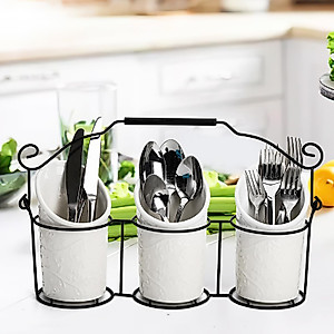 Nicunom Set of 3 Ceramic Flatware Caddy with Metal Rack, Embossed Design Kitchen Utensil Holder Silverware Organizer Cutlery Holder Kitchen Tool Crock for Countertop Decor and Organization