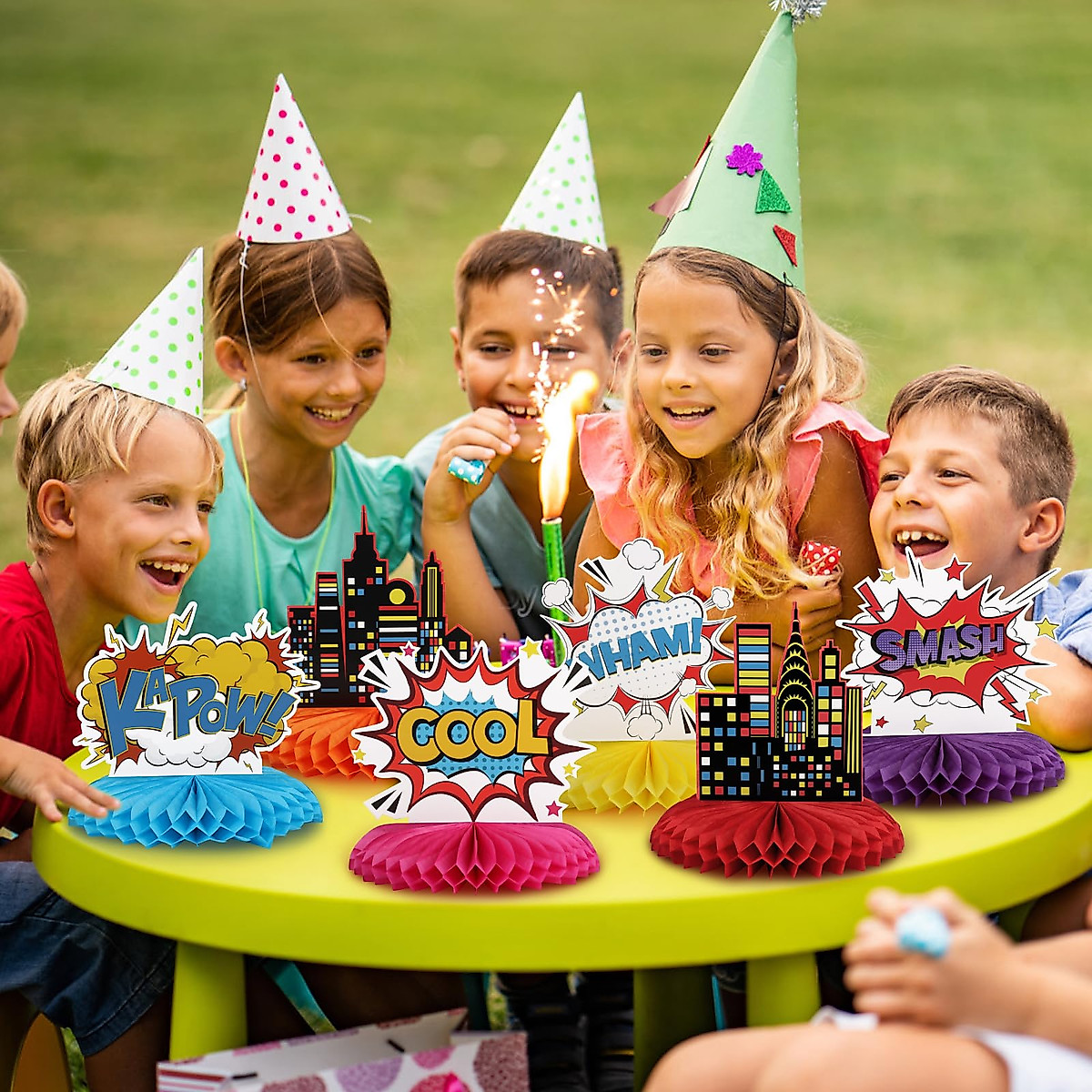 12PCS Hero Party Decoration Hero Honeycomb Centerpieces 3D Hero Table Topper Paper Large Word Centerpieces Fun Hero Action Sign Standing Cards for Happy Birthday Baby Shower Party Supplies Favor