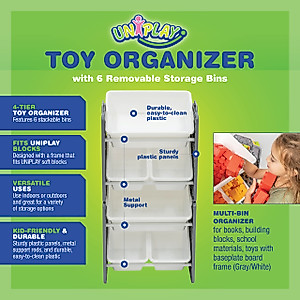 UNiPLAY Toy Organizer with 6 Removable Storage Bins, Multi-Bin Organizer for Books, Building Blocks, School Materials, Toys with Baseplate Board Frame (Gray)