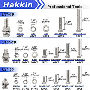 Hakkin 240Pcs Hex Bolts and Nuts Kit Stainless Steel Spring Washers Assortment Kit, 3/8" 1/4" 5/16", 10 SAE Sizes Machine Screws Set with Storage Case