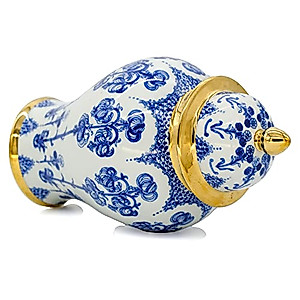 BALIOS Decor Handmade Gold Trim Blue and White Porcelain Fuchsia Flowers Ginger Jar with Lid, 9.1”H x 4.9”W, Decorative Ceramic Bud Vase for Home Décor