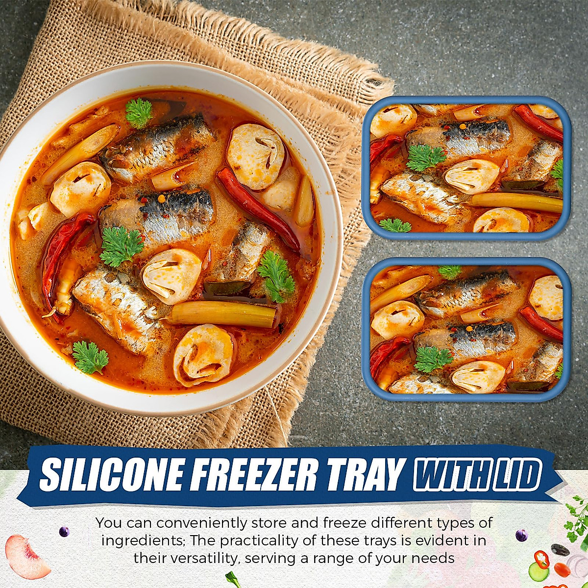 Nuogo 8 Pcs 1 Cup Silicone Freezer Trays with Lid Silicone Soup Molds Rectangle Soup Freezer Containers Reusable Food Preserving Tray Ice Trays for Soups Sauces Stews(Dark Blue)