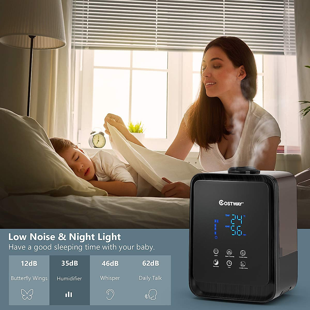 COSTWAY Ultrasonic Air Humidifier, 4.5L/1.2 Gallon, Warm and Cool Mist Humidifier, Whisper-quiet Operation, w/LED Touch Display and Remote Control, for Bedroom, Living room, and Baby room (Black)