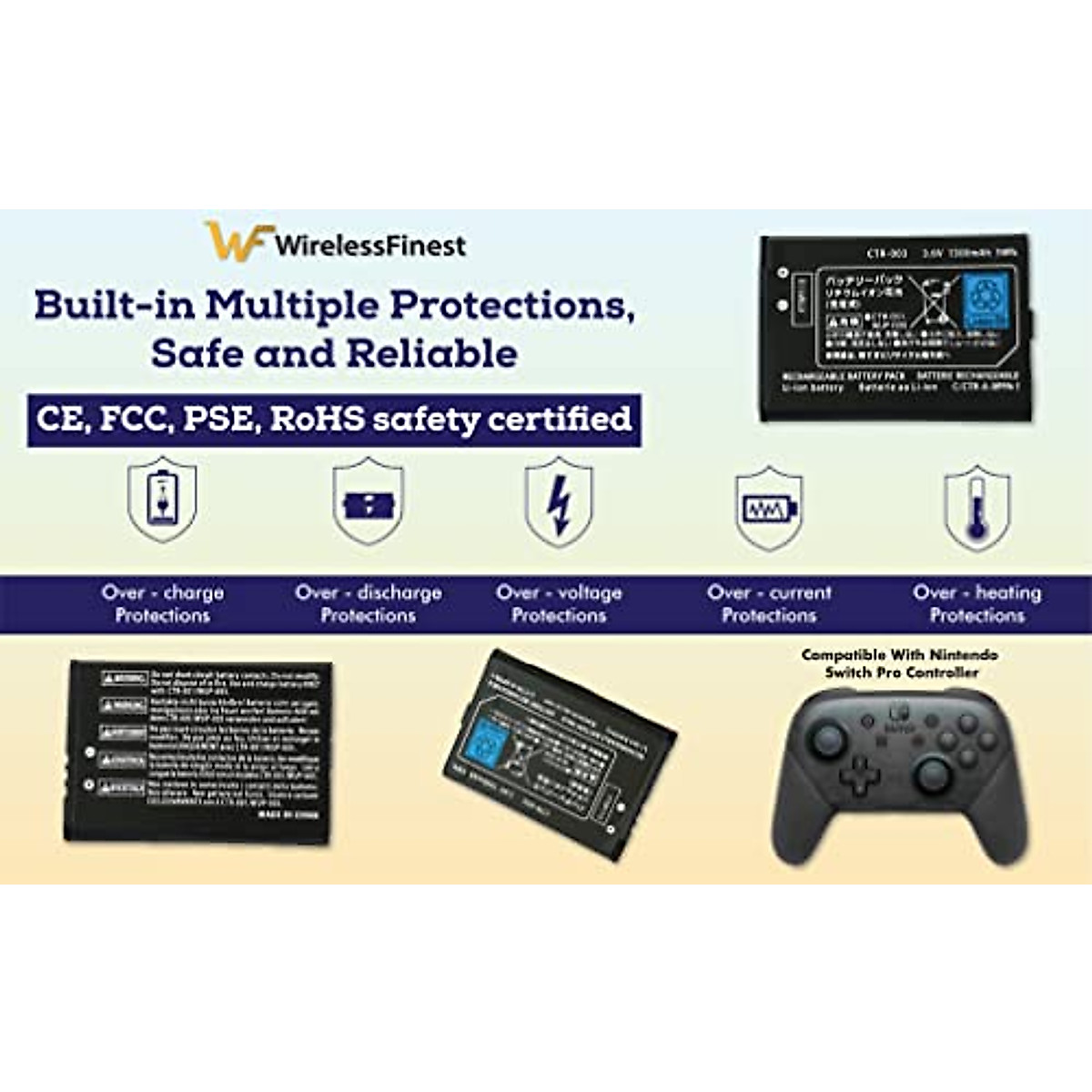 WirelessFinest Battery CTR-003 Replacement for Nintendo Switch Pro Controller HAC-013 Fix Dead Power Issue + Tool