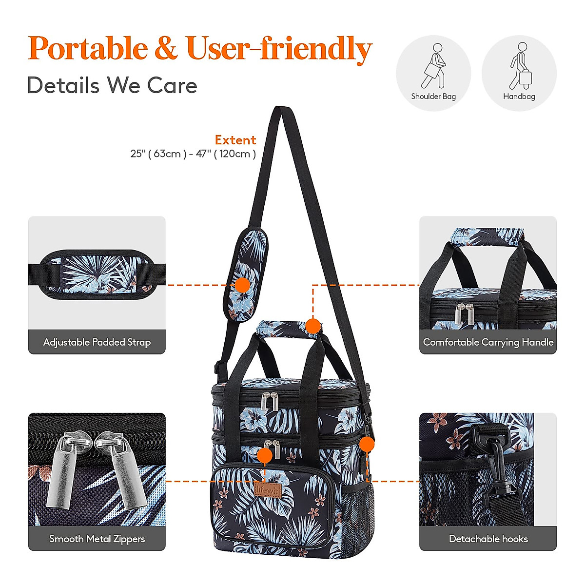 Lifewit Lunch Box for Men Women Double Deck Lunch Bag, Large Insulated Soft Cooler Bag, Leakproof Soft Meal Prep Lunch Tote with Shoulder Strap for Adults for Work/Flight/Travel, 12L/16Can, Flower