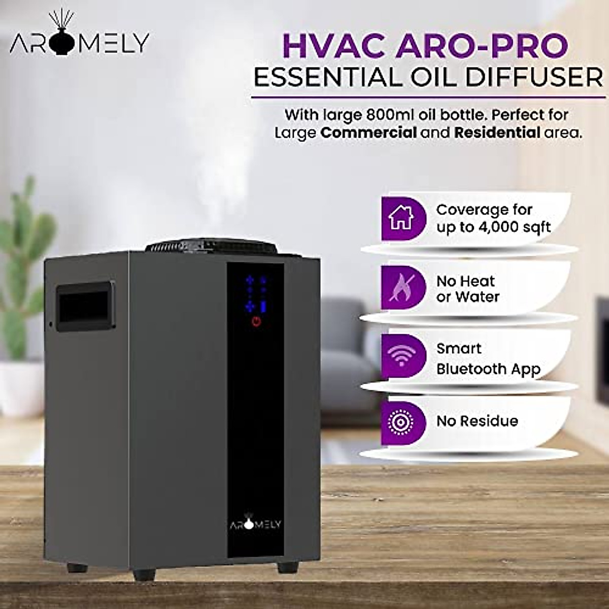 Aromely Smart Bluetooth HVAC Nebulizing Aromatherapy Scent Diffuser - Waterless Aroma Machine Perfect Air Freshener for Home or Office up to 4,000 SQSF Large 800ml Oil Bottle. (Black)