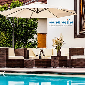 SereneLife 10ft Patio Table Umbrella, Tan, 6 Sturdy Ribs with Push Button Tilt, Easy Close Crank, Outdoor Furniture for Garden Lawn Deck Pool and Beach, Rust Resistant Pole, Weatherproof Fabric